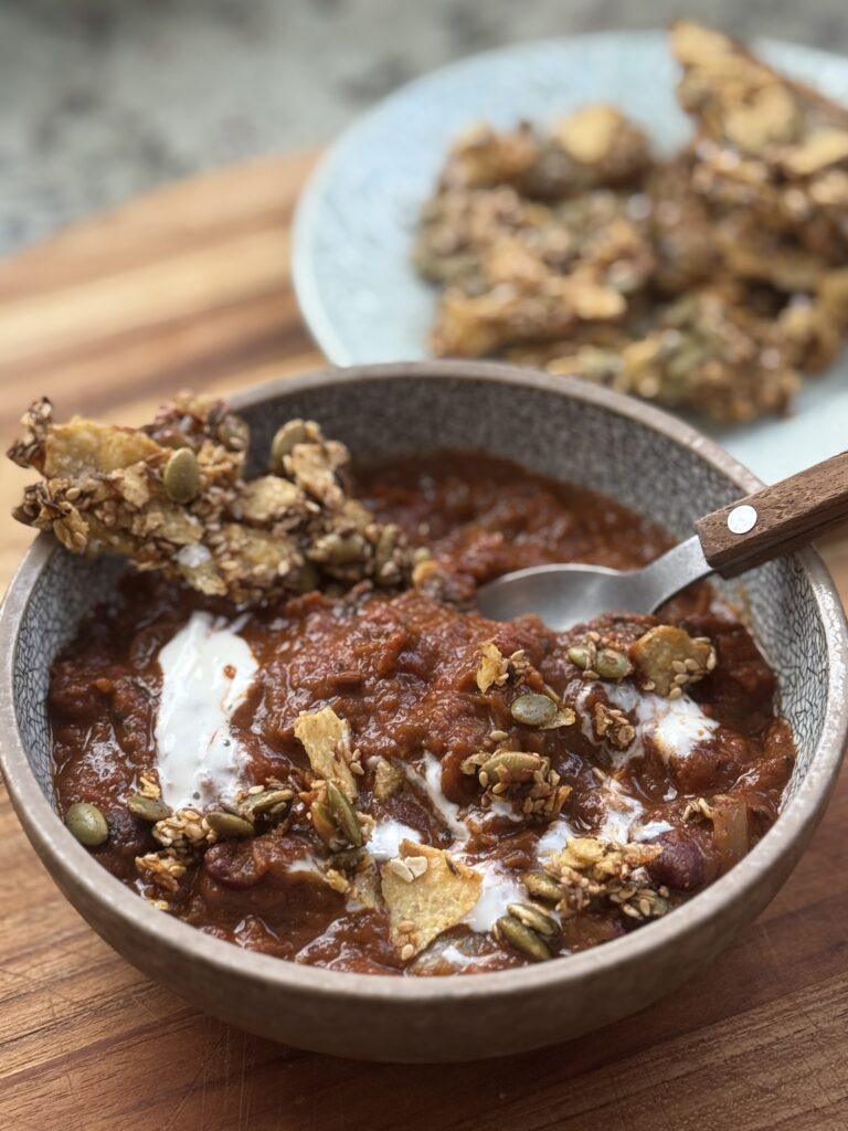 Charred Vegetable Chili with Tortilla Pepita Crisps | Sofa Dinners