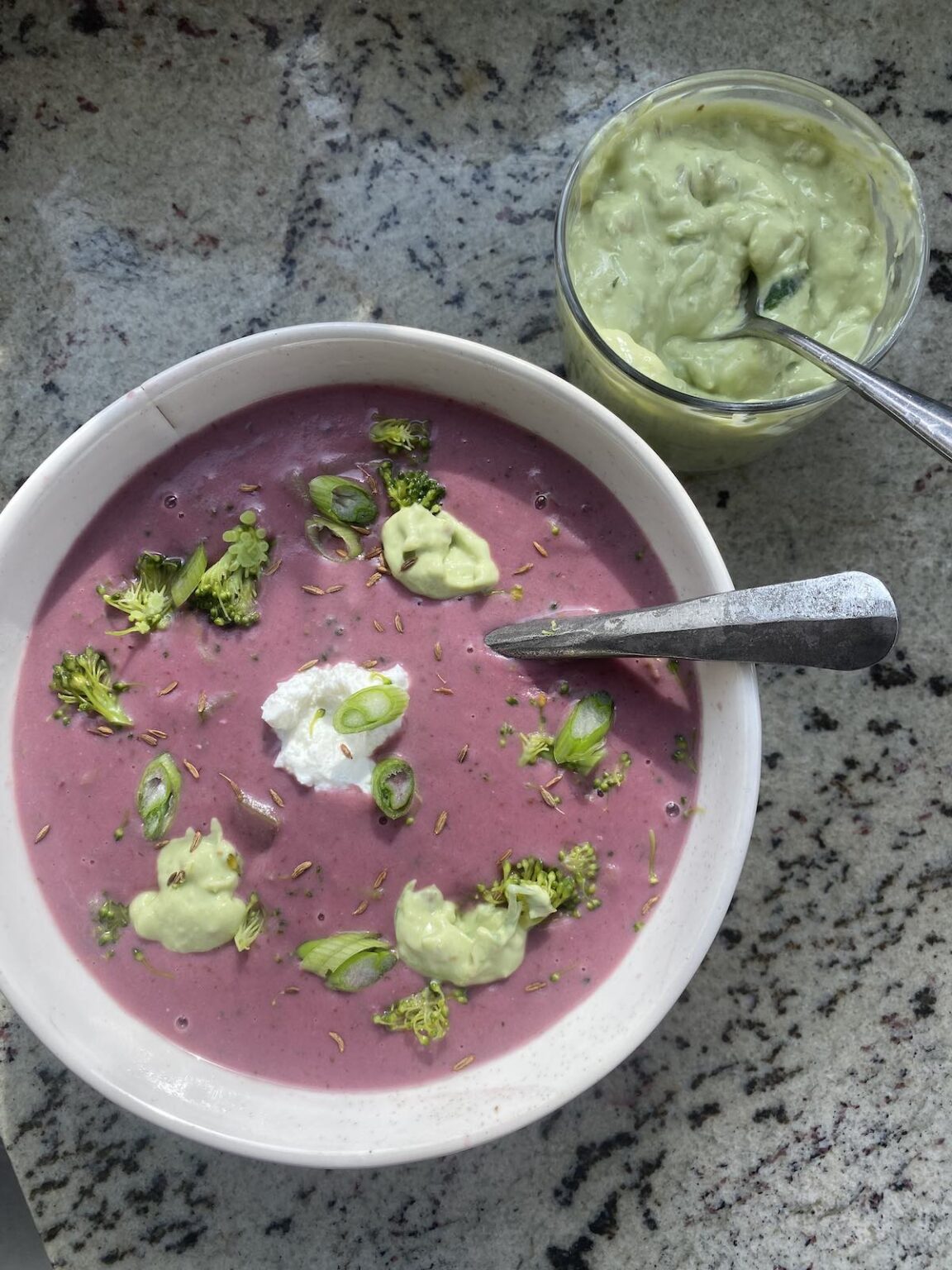 Purple Sweet Potato Soup with Broccoli and Goat Cheese | Sofa Dinners