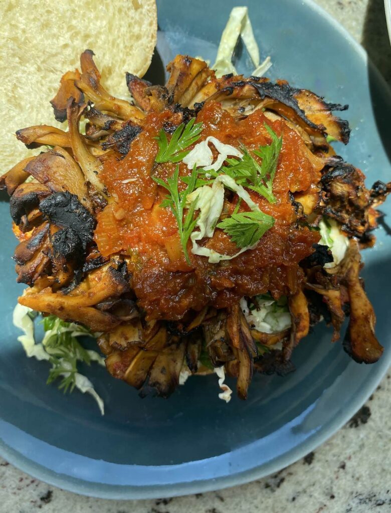 Grilled Maitake Mushroom Burger (Harissa BBQ Sauce) | Sofa Dinners